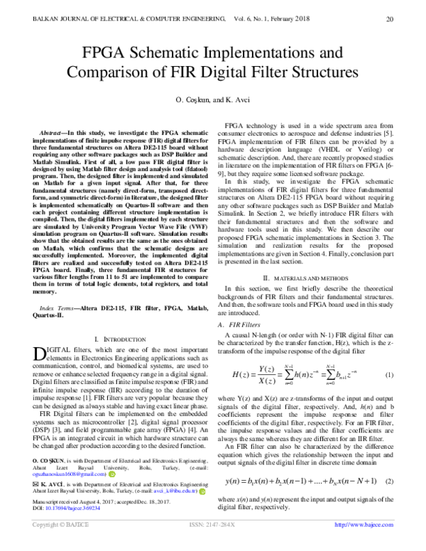 Pdf Fpga Schematic Implementations And Comparison Of Fir Digital Filter Structures