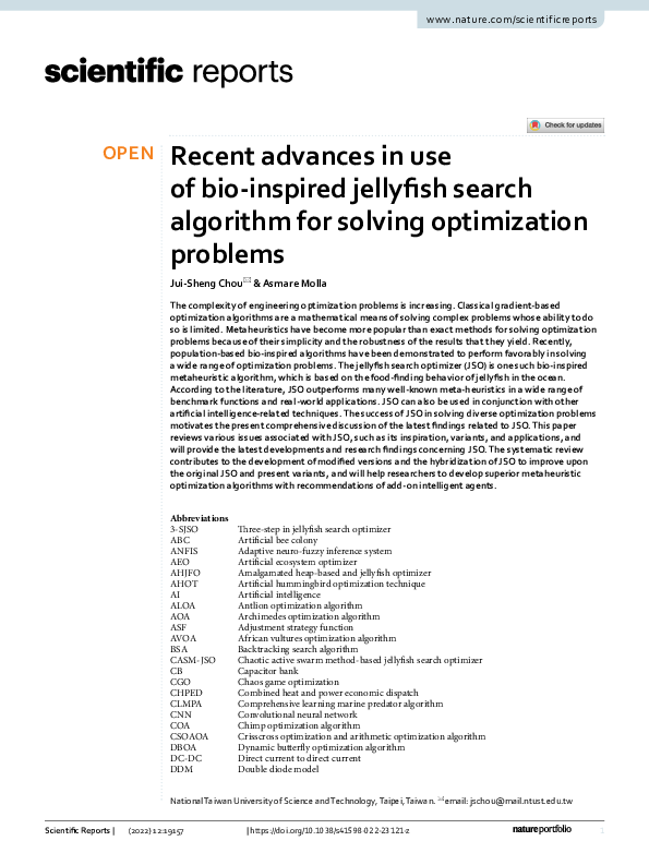 (PDF) Recent advances in use of bio-inspired jellyfish search algorithm for solving optimization ...