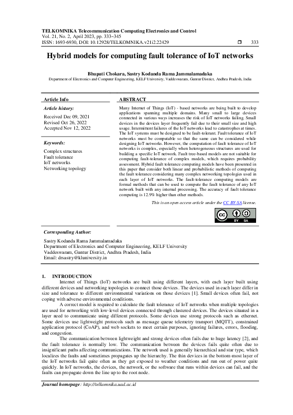 Pdf Hybrid Models For Computing Fault Tolerance Of Iot Networks