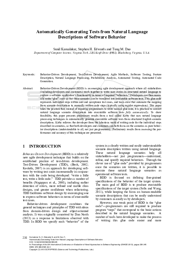 Pdf Automatically Generating Tests From Natural Language Descriptions Of Software Behavior