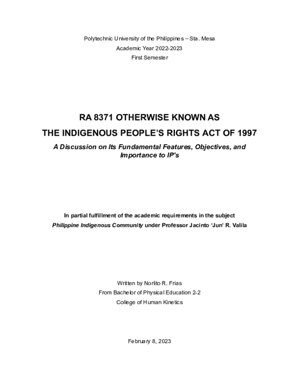 (PDF) D. RA 8371 Otherwise known as the Indigenous People’s Rights Act ...