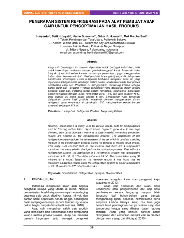 (PDF) Penerapan Sistem Refrigerasi Pada Alat Pembuat Asap Cair Untuk Pengoptimalan Hasil Produksi