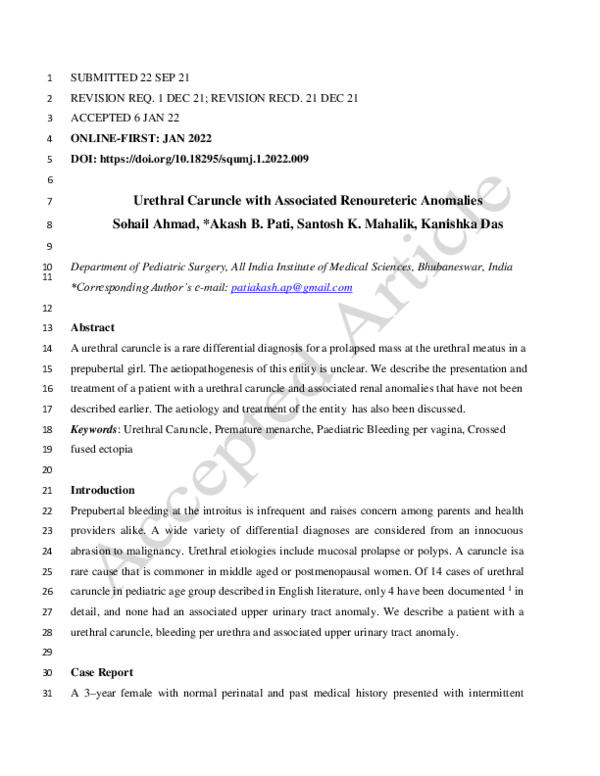 (PDF) Urethral Caruncle with Associated Renoureteric Anomalies