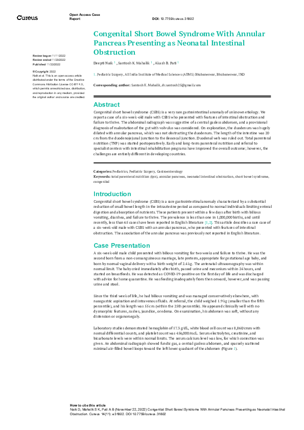 Pdf Congenital Short Bowel Syndrome With Annular Pancreas Presenting