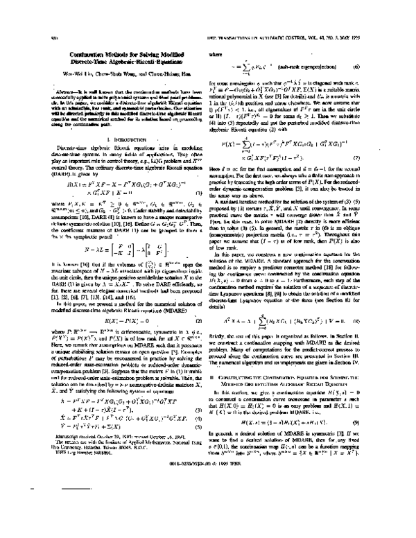 Pdf Continuation Methods For Solving Modified Discrete Time Algebraic Riccati Equations