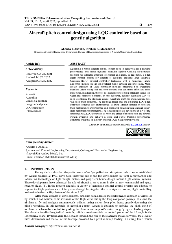 Pdf Aircraft Pitch Control Design Using Lqg Controller Based On Genetic Algorithm