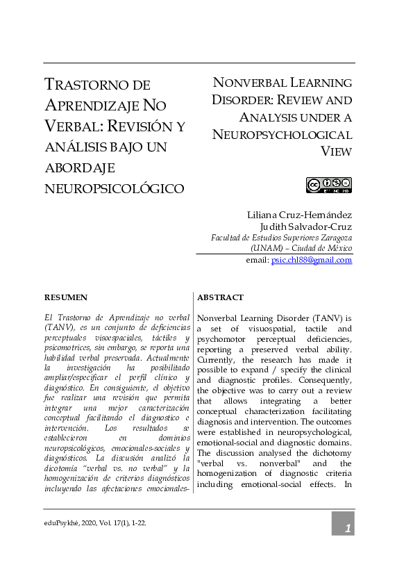 (PDF) Trastorno de Aprendizaje no verbal: Revisión y análisis bajo un abordaje neuropsicológico