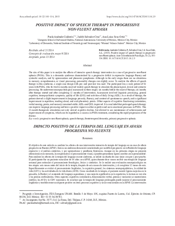 (PDF) Positive impact of speech therapy in progressive non-fluent aphasia