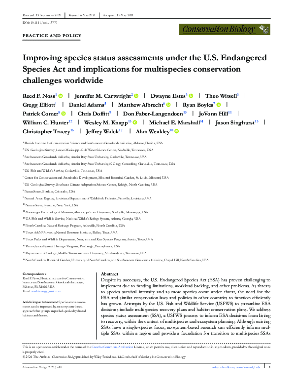 (PDF) Improving species status assessments under the U.S. Endangered ...