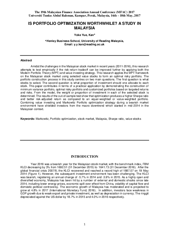 (PDF) Is Portfolio Optimization Worthwhile? A Study in Malaysia