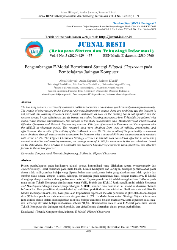 Pdf Development Of E Module Oriented Flipped Classroom Strategies In Computer Network Learning