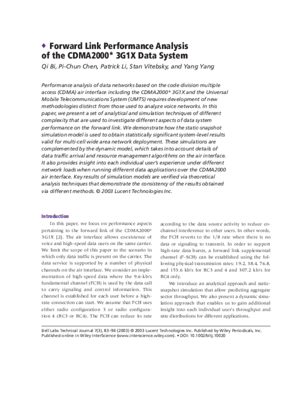 (PDF) Forward link performance analysis of the CDMA2000* 3G1X data system | Pi-Chun Chen ...