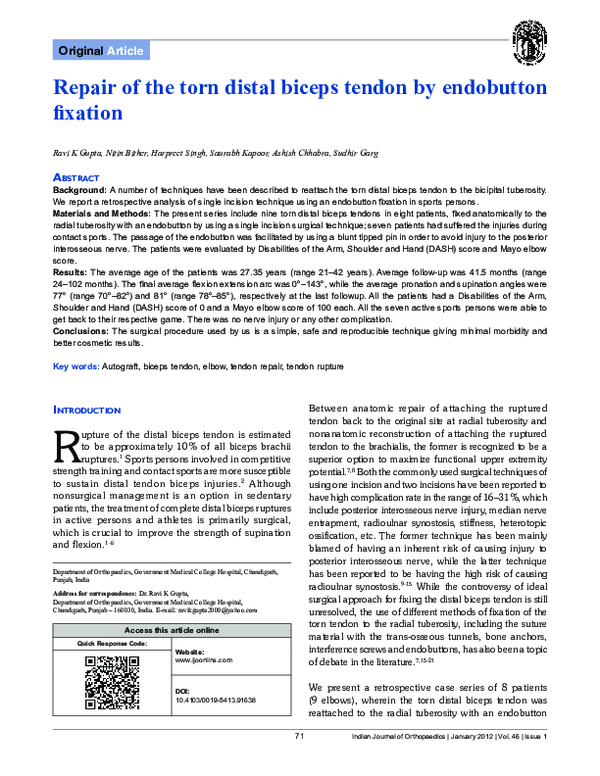 (PDF) Repair of the torn distal biceps tendon by endobutton fixation