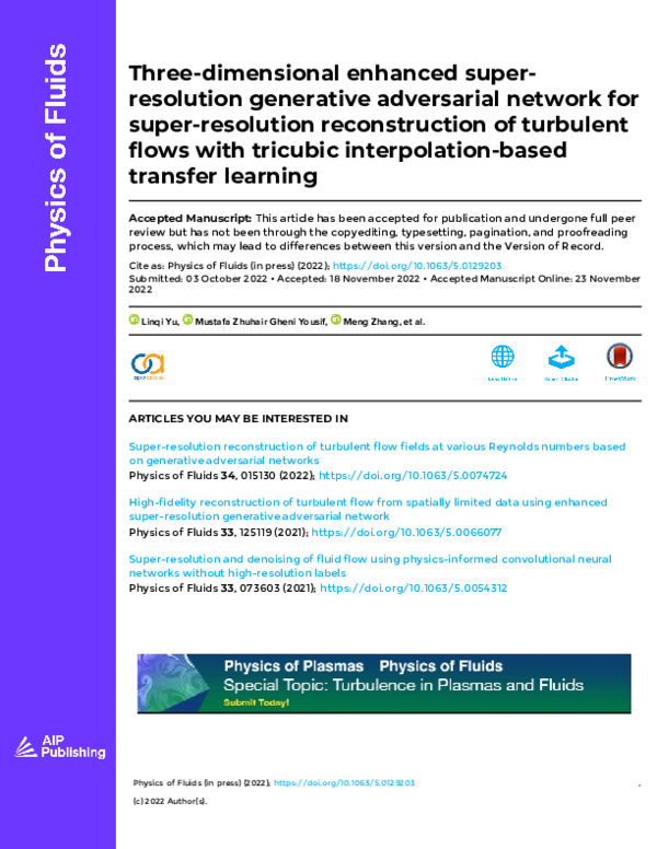 (PDF) Three-dimensional ESRGAN for super-resolution reconstruction of turbulent flows with ...
