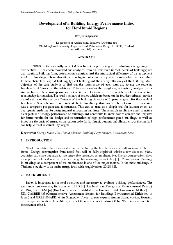 (PDF) Development of a Building Energy Performance Index for Hot-Humid ...