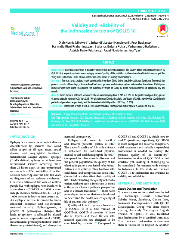(PDF) VALIDITY AND RELIABILITY OF THE INDONESIAN VERSION OF QOLIE-10
