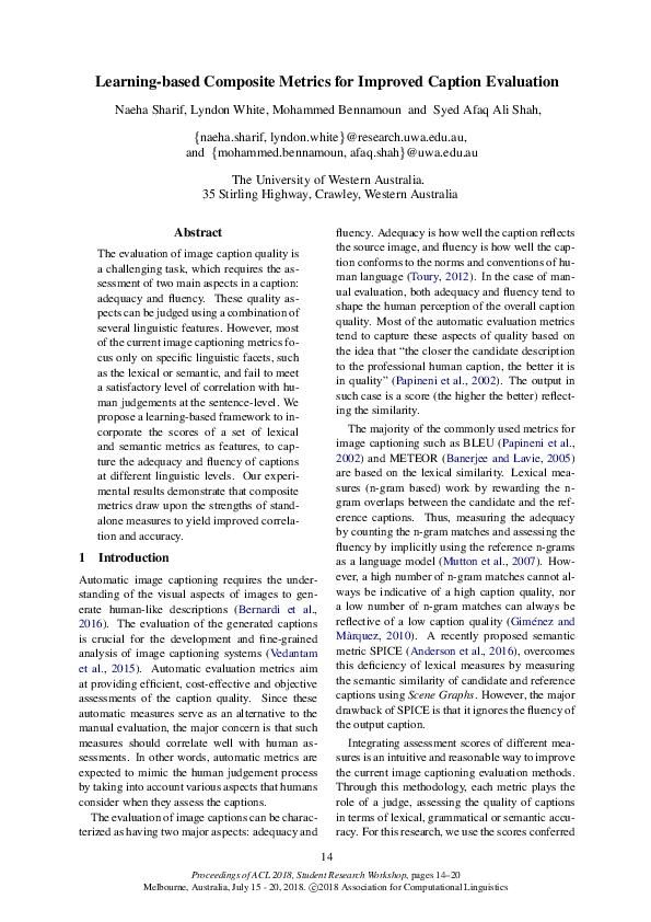 (PDF) Learning-based Composite Metrics for Improved Caption Evaluation | Syed Afaq Ali Shah ...