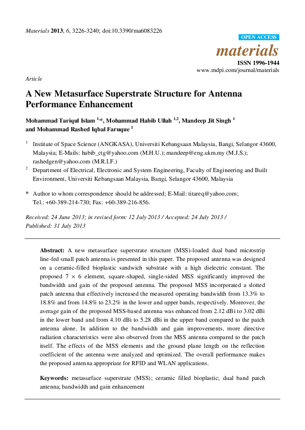 (PDF) Article A New Metasurface Superstrate Structure for Antenna Performance Enhancement