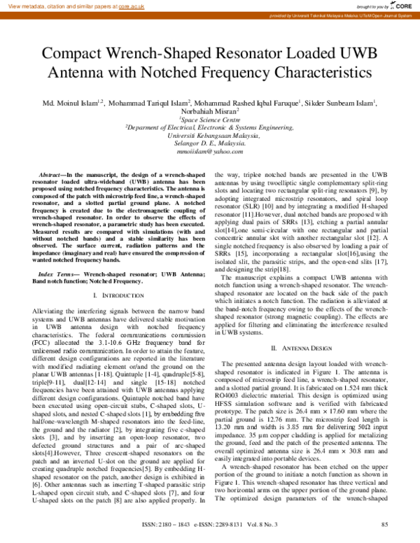 (PDF) Compact wrench-shaped resonator loaded UWB antenna with notched frequency characteristics