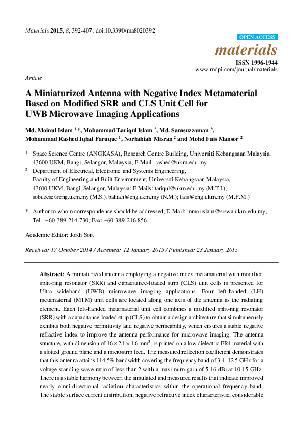 (PDF) Article A Miniaturized Antenna with Negative Index Metamaterial Based on Modified SRR and ...