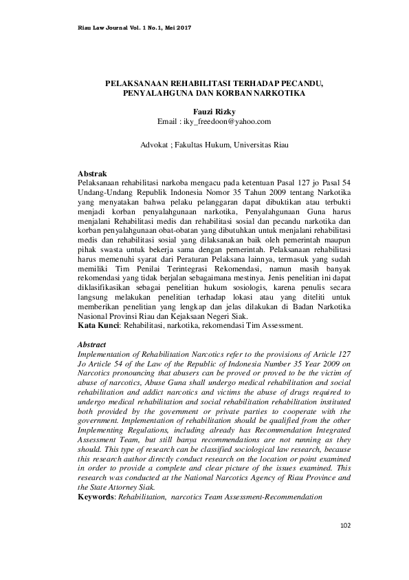 (PDF) Pelaksanaan Rehabilitasi Terhadap Pecandu, Penyalahguna Dan Korban Narkotika