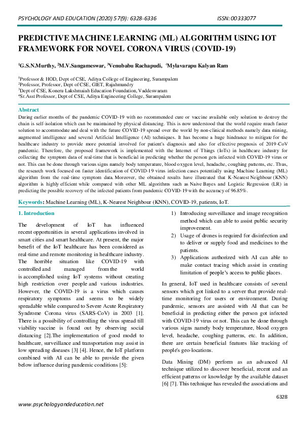 (PDF) Predictive Machine Learning (ML) Algorithm Using Iot Framework for Novel Corona Virus ...