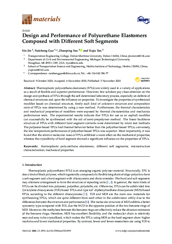(PDF) Design and Performance of Polyurethane Elastomers Composed with ...