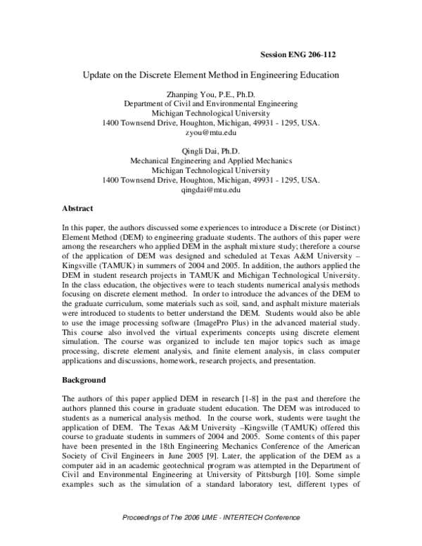 (PDF) Update on the Discrete Element Method in Engineering Education