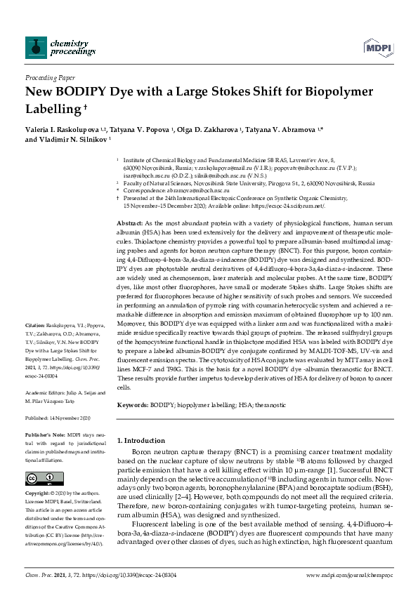 (PDF) New BODIPY Dye with a Large Stokes Shift for Biopolymer Labelling