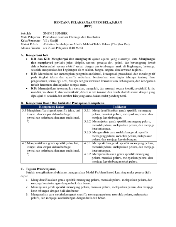 (PDF) Rpp Tolak Peluru dengan Model Pembelajaran Problem Based Learning