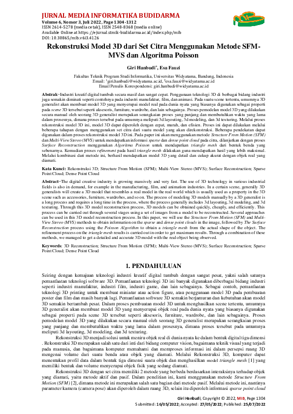 (PDF) Rekonstruksi Model 3D dari Set Citra Menggunakan Metode SFM-MVS ...