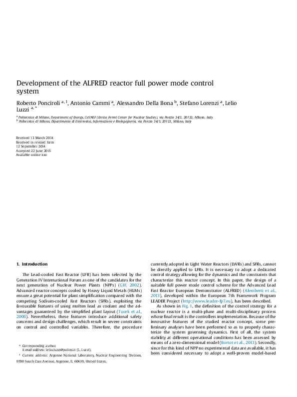 (PDF) Development of the ALFRED reactor full power mode control system