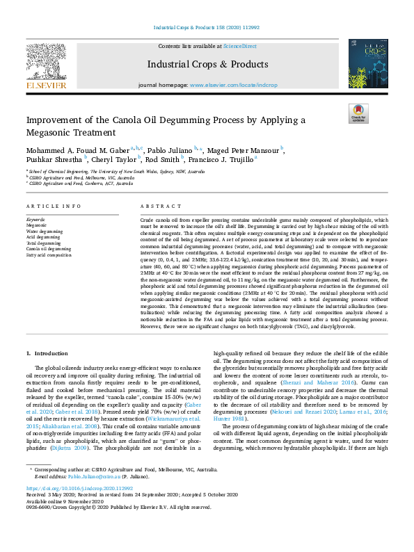(PDF) Improvement of the Canola Oil Degumming Process by Applying a Megasonic Treatment