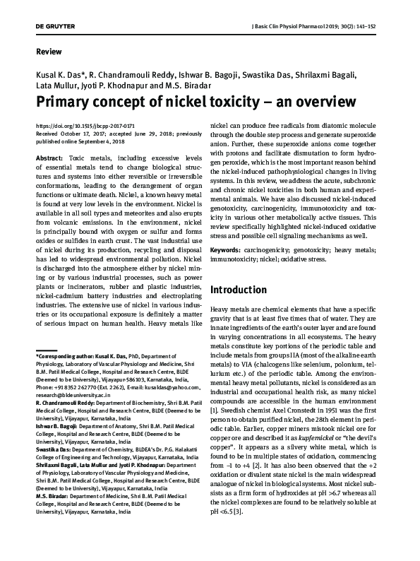 (PDF) Primary concept of nickel toxicity - an overview