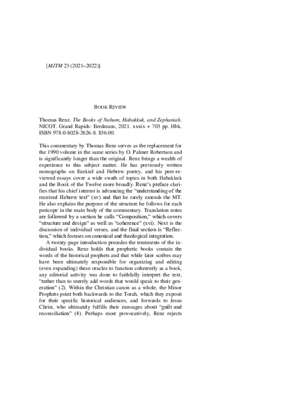 (PDF) Review of Thomas Renz. The Books of Nahum, Habakkuk, and ...