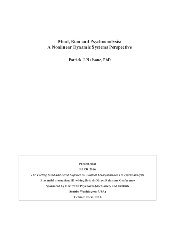 (PDF) Bion and Psychoanalysis : A Nonlinear Dynamic Systems Perspective