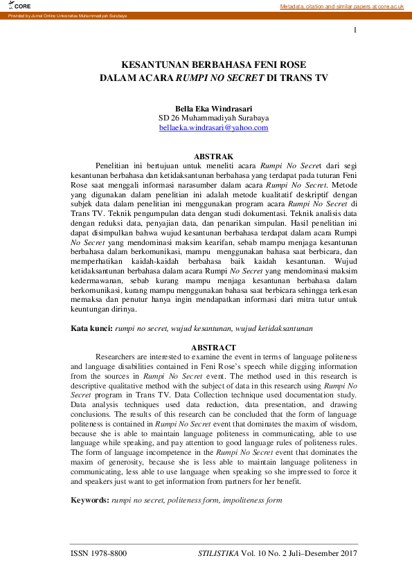 (PDF) Kesantunan Berbahasa Feni Rose dalam Acara Rumpi No Secret di TRANS TV | Bella Eka ...