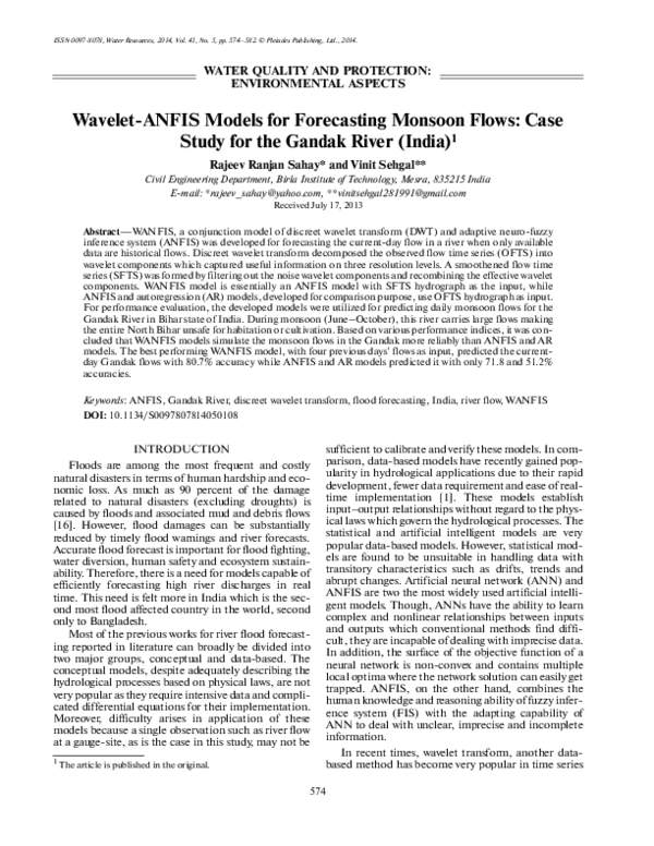 (PDF) Wavelet-ANFIS models for forecasting monsoon flows: Case study for the Gandak River (India)