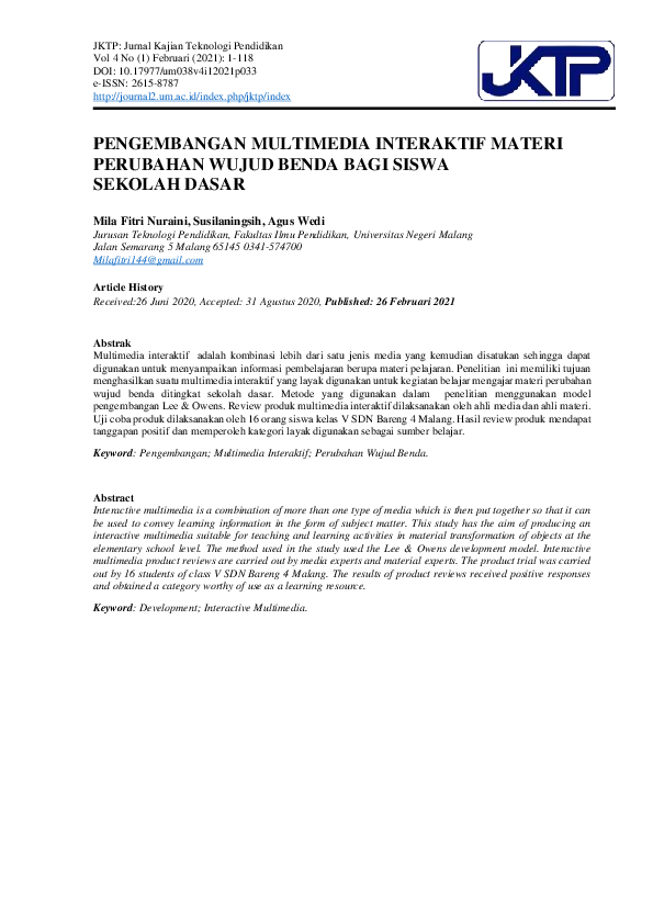 (PDF) Pengembangan Multimedia Interaktif Materi Perubahan Wujud Benda Bagi Siswa Sekolah Dasar