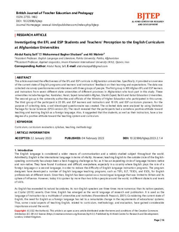(PDF) Investigating the EFL and ESP Students and Teachers’ Perception to the English Curriculum ...