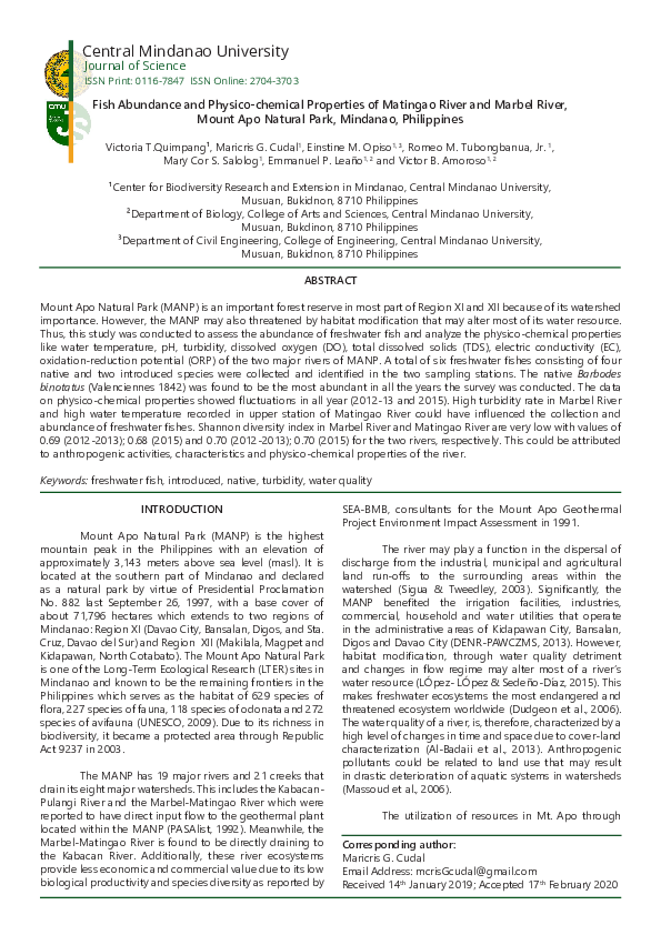 (PDF) Fish Abundance and Physico-chemical Properties of Matingao River ...
