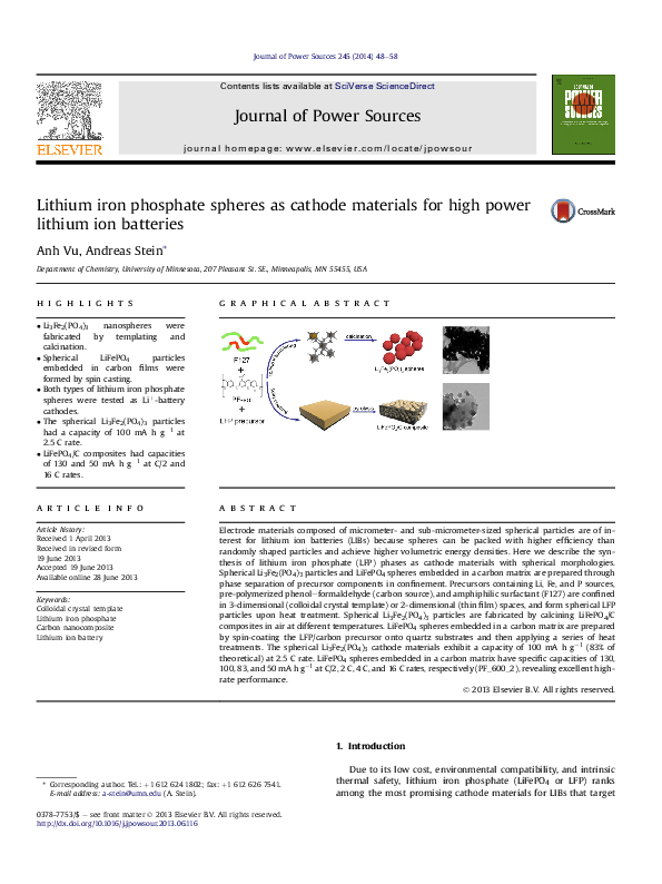 (PDF) Lithium iron phosphate spheres as cathode materials for high power lithium ion batteries