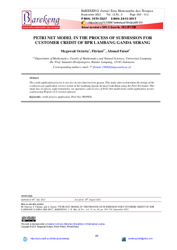 (PDF) Petri Net Model in the Process of Submission for Customer Credit of BPR Lambang Ganda Serang