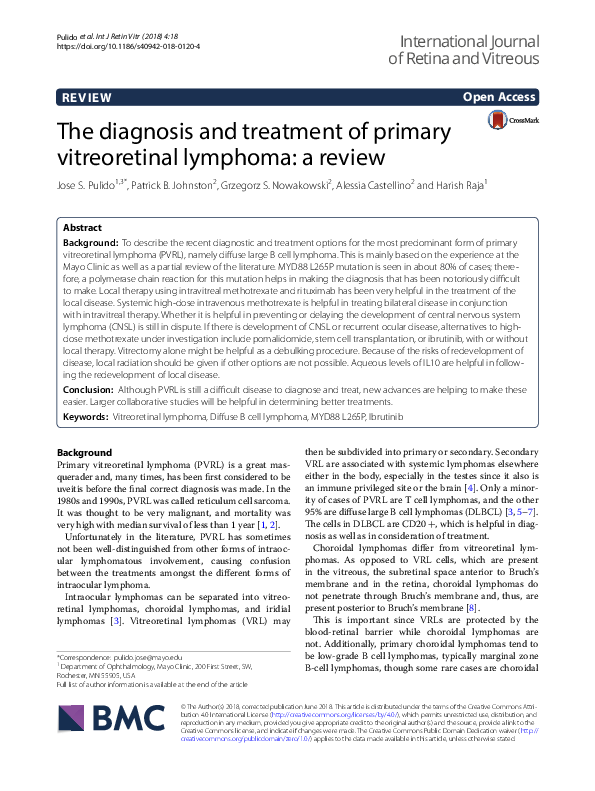 (PDF) The diagnosis and treatment of primary vitreoretinal lymphoma: a ...