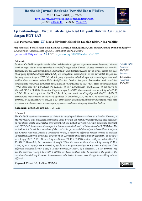(PDF) Uji Perbandingan antara Virtual Lab dengan Real Lab pada Hukum Archimedes dengan ...