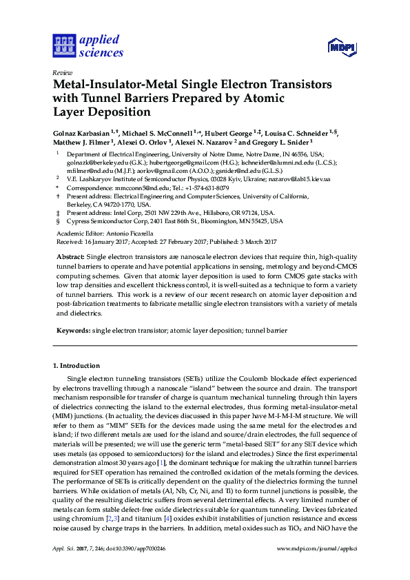 (PDF) Metal-Insulator-Metal Single Electron Transistors with Tunnel Barriers Prepared by Atomic ...