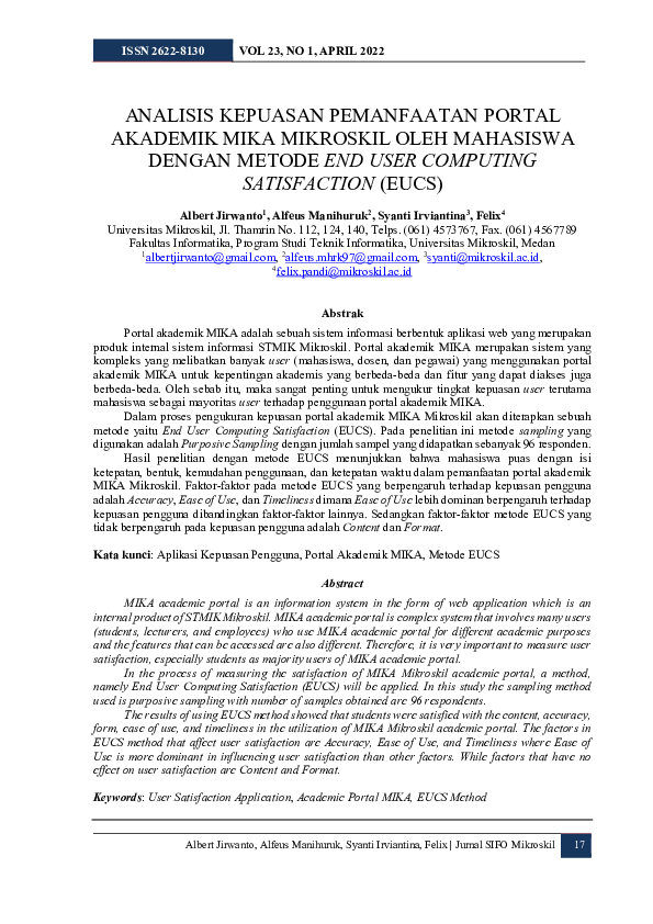 (PDF) Analisis Kepuasan Pemanfaatan Portal Akademik MIKA Mikroskil oleh Mahasiswa dengan Metode ...