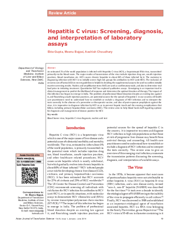 Hepatitis C virus: Screening, diagnosis, and interpretation of laboratory assays