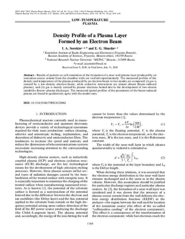 (PDF) Density Profile of a Plasma Layer Formed by an Electron Beam