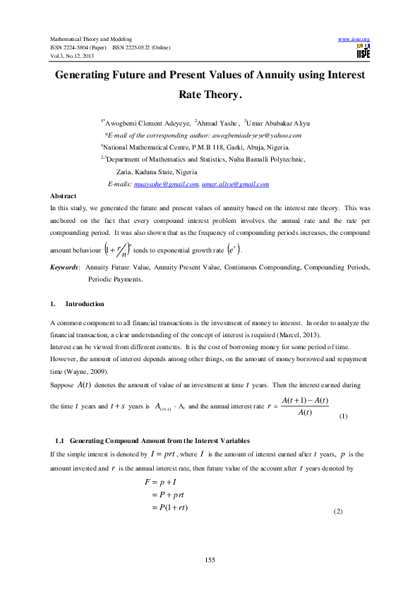 (PDF) Generating Future and Present Values of Annuity using Interest Rate Theory